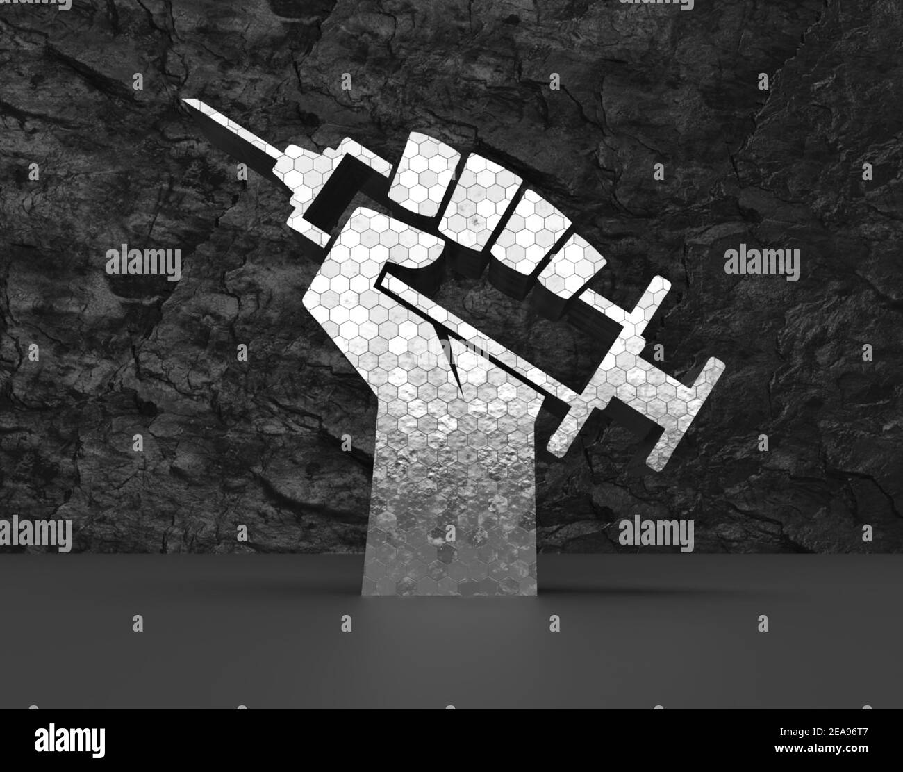 Silver metal syringe in hand symbol or statue with stone background for ...