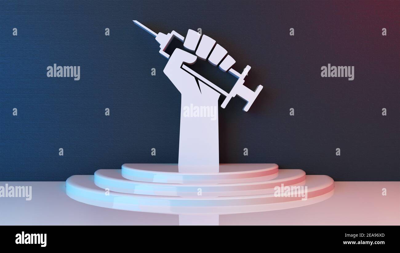 Big white vaccination award on white pedestal with shape of syringe in ...