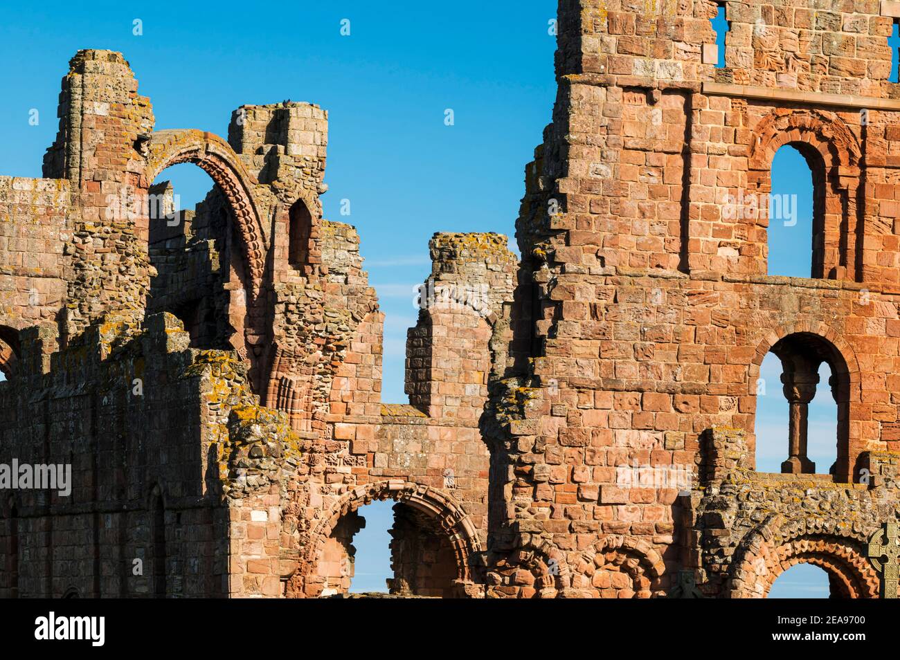 The facade of Lindisfarne (Holy Island) Priory, Northumberland, England ...
