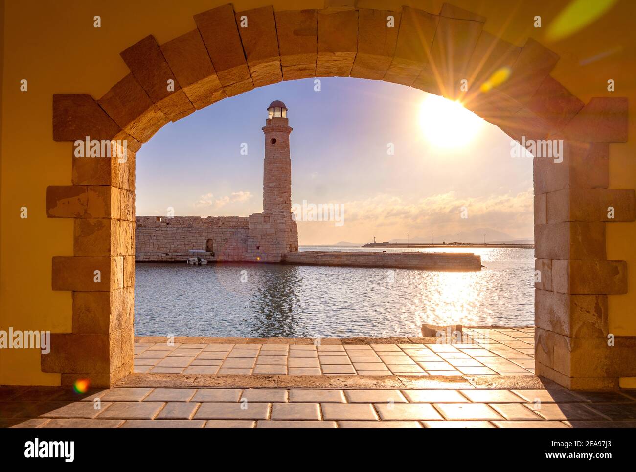 The Egyptian lighthouse at the old harbor of Rethimno through a frame ...