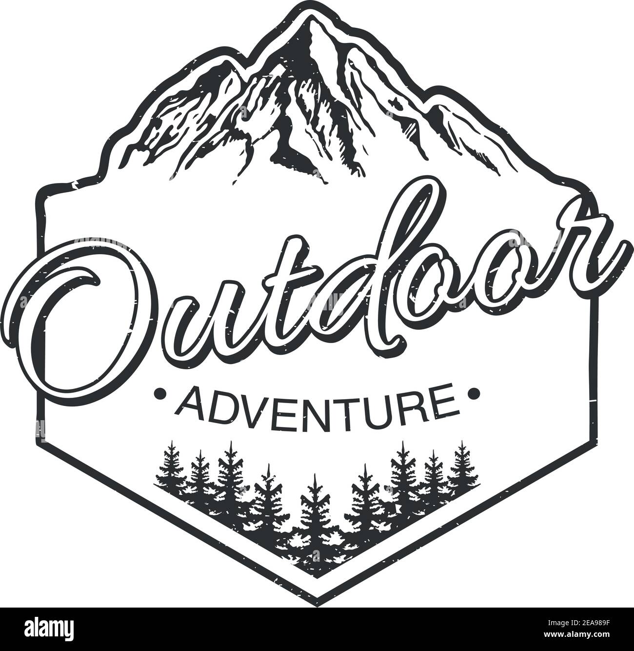 outdoor adventure lettering emblem with big mountains and pines vector ...