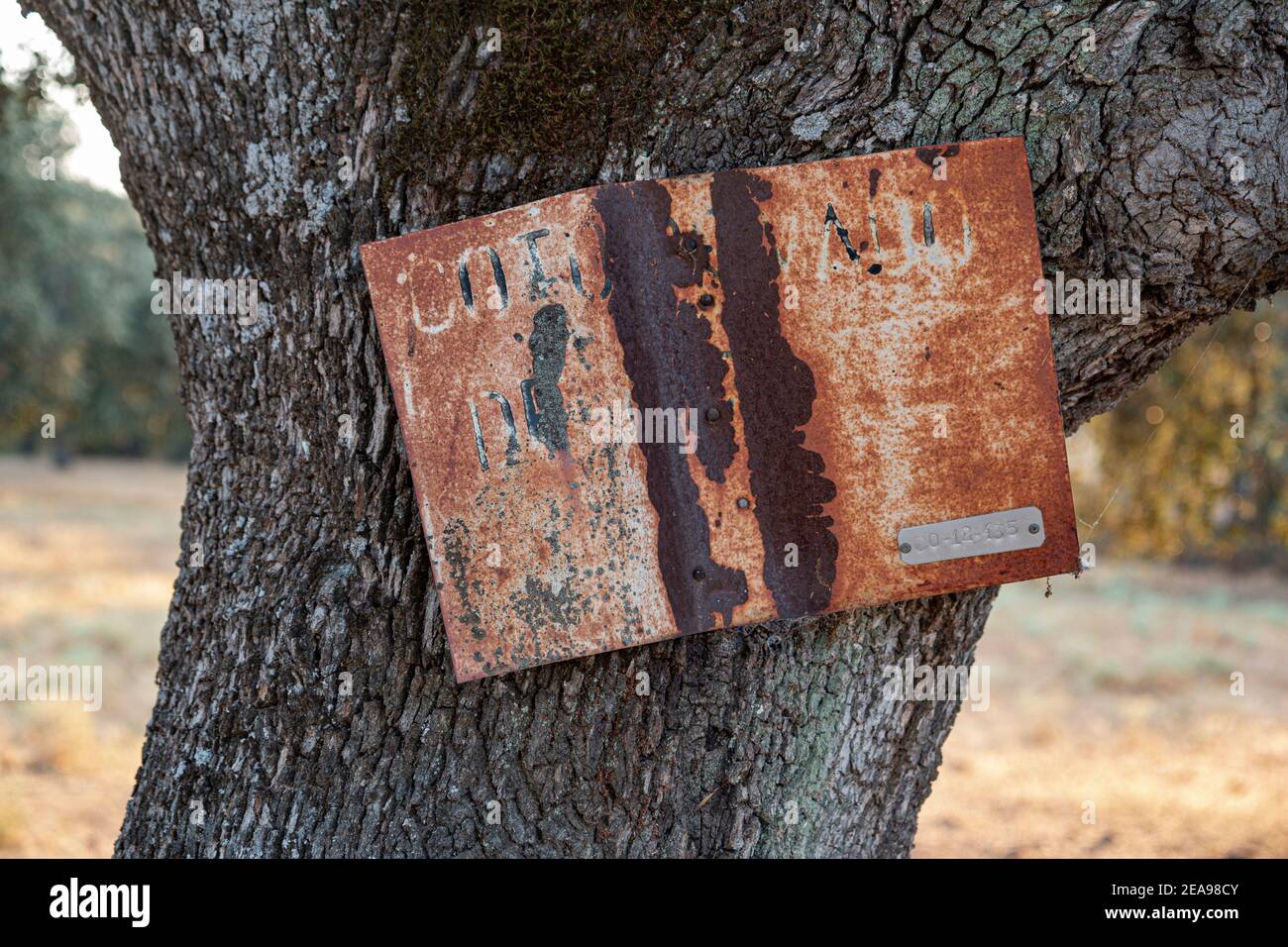 rusty hunting ground sign in spanish Stock Photo - Alamy