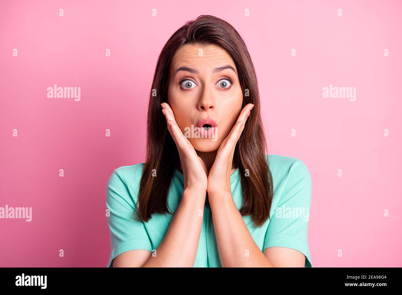 Portrait photo of shocked stressed pretty girl touching cheekbones ...