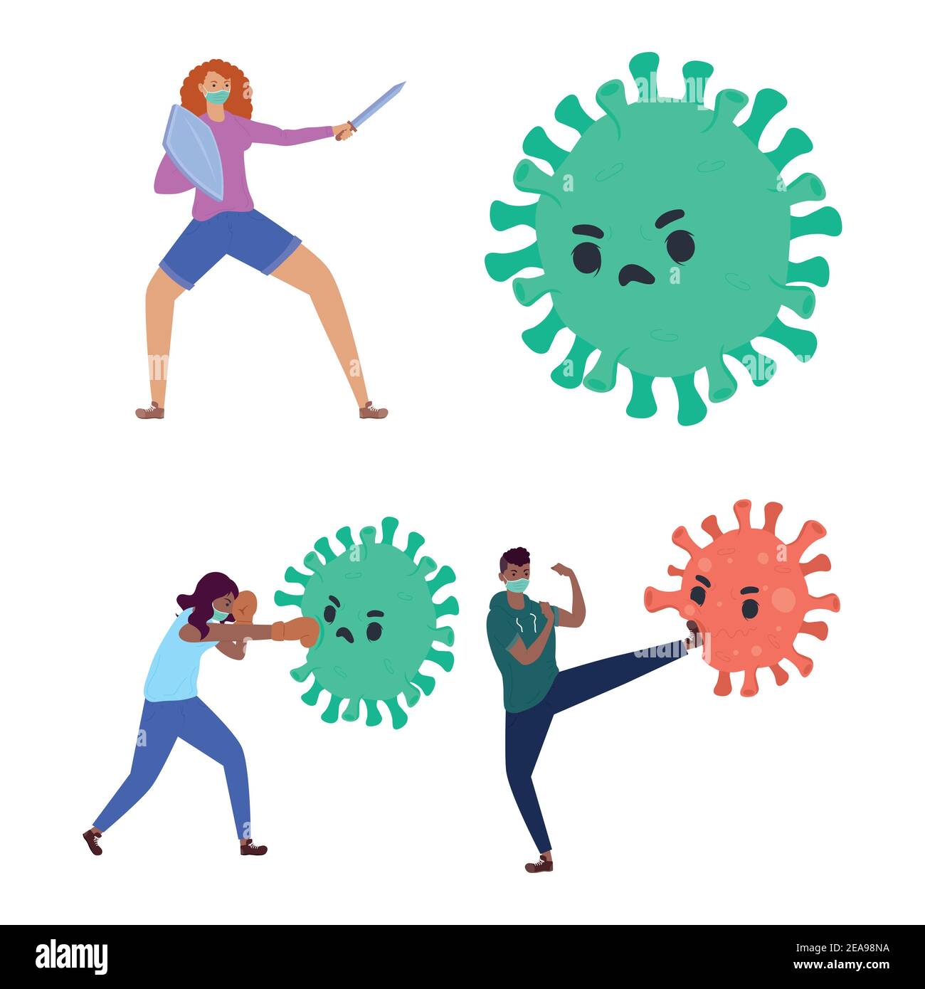 group of persons fighting vs covid19 particles characters vector ...