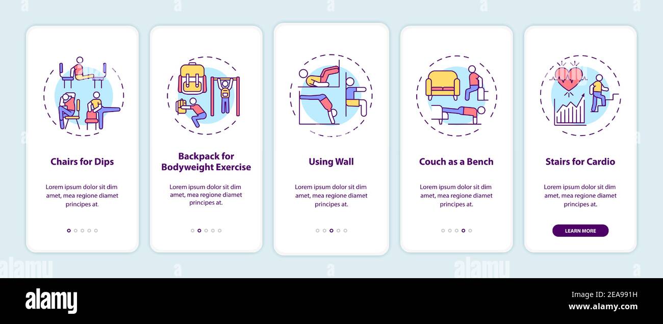 Gym exercise alternatives onboarding mobile app page screen with ...