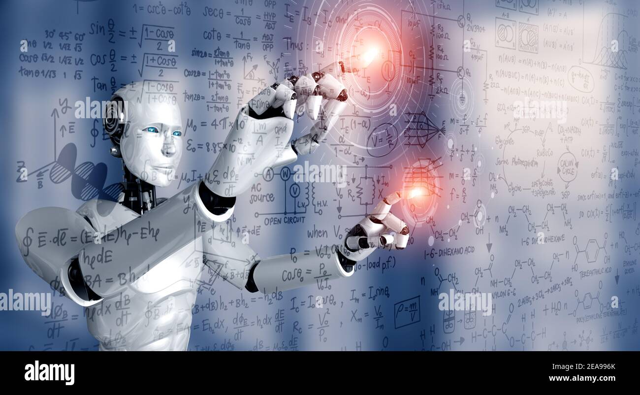 AI humanoid robot touch screen of mathematics formula and science ...