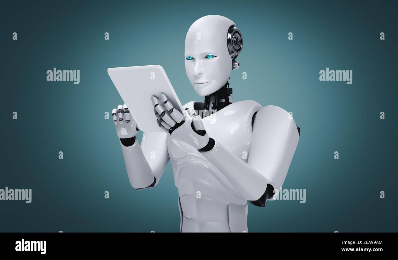 Robot humanoid using tablet computer in future office while using AI thinking brain , artificial ...