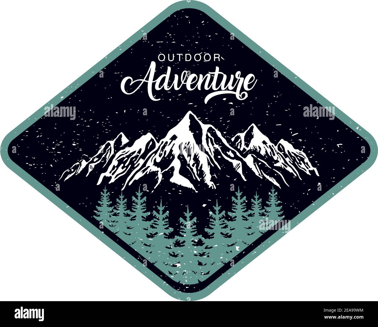 outdoor adventure lettering emblem with mountains and forest pines ...