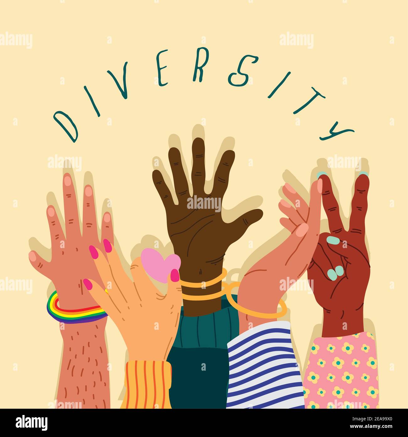 five diversity hands humans up and lettering vector illustration design ...