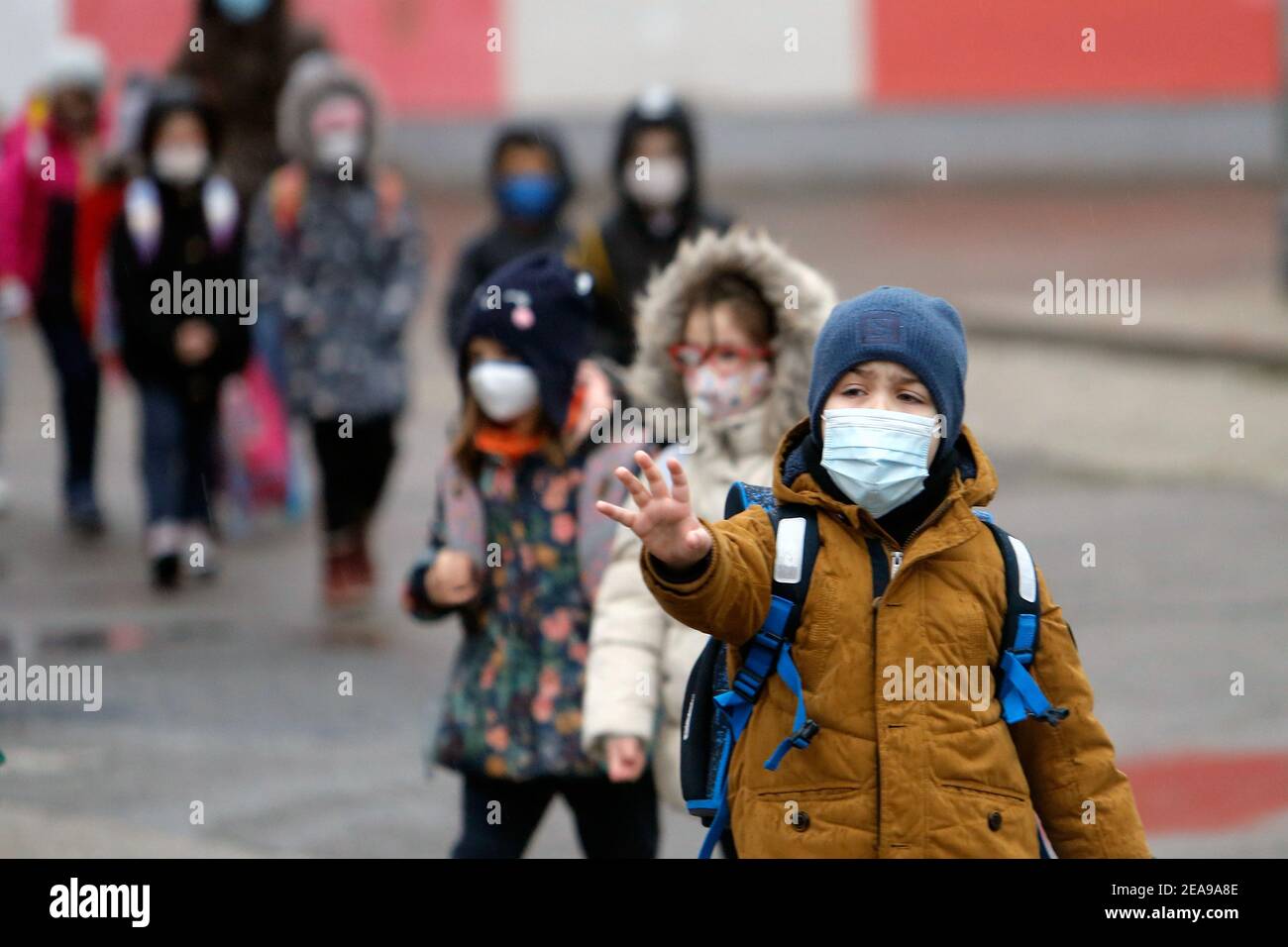 Bucharest, Romania. 8th Feb, 2021. Children are seen inside a school ...