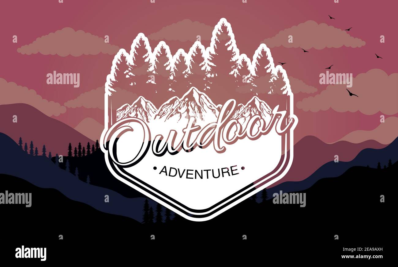 outdoor adventure lettering emblem with pines in landscape vector ...