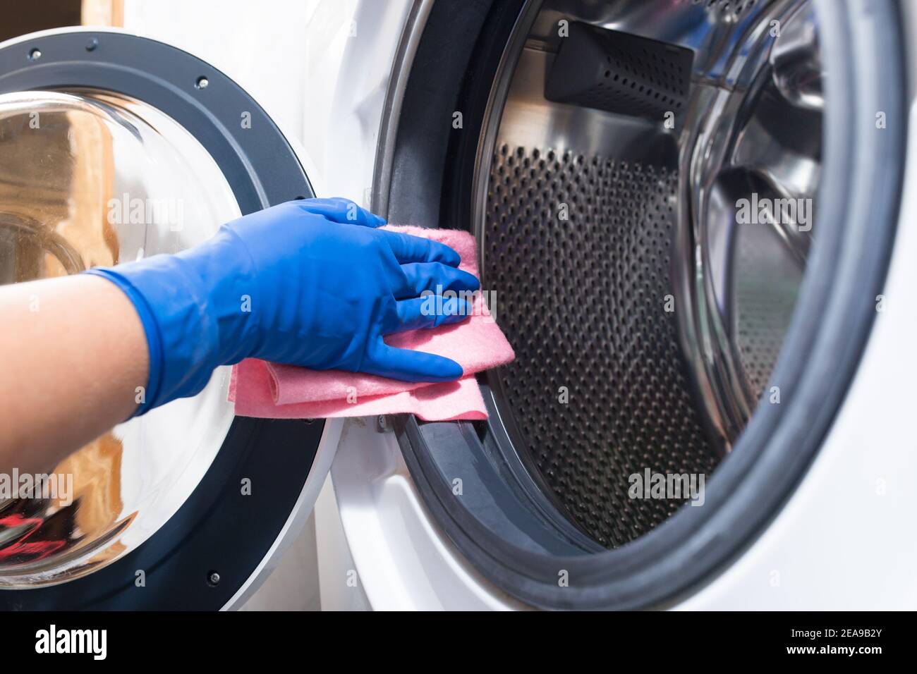 Hand in blue glovesw cleaning washing mashine with piece of cloth Stock ...