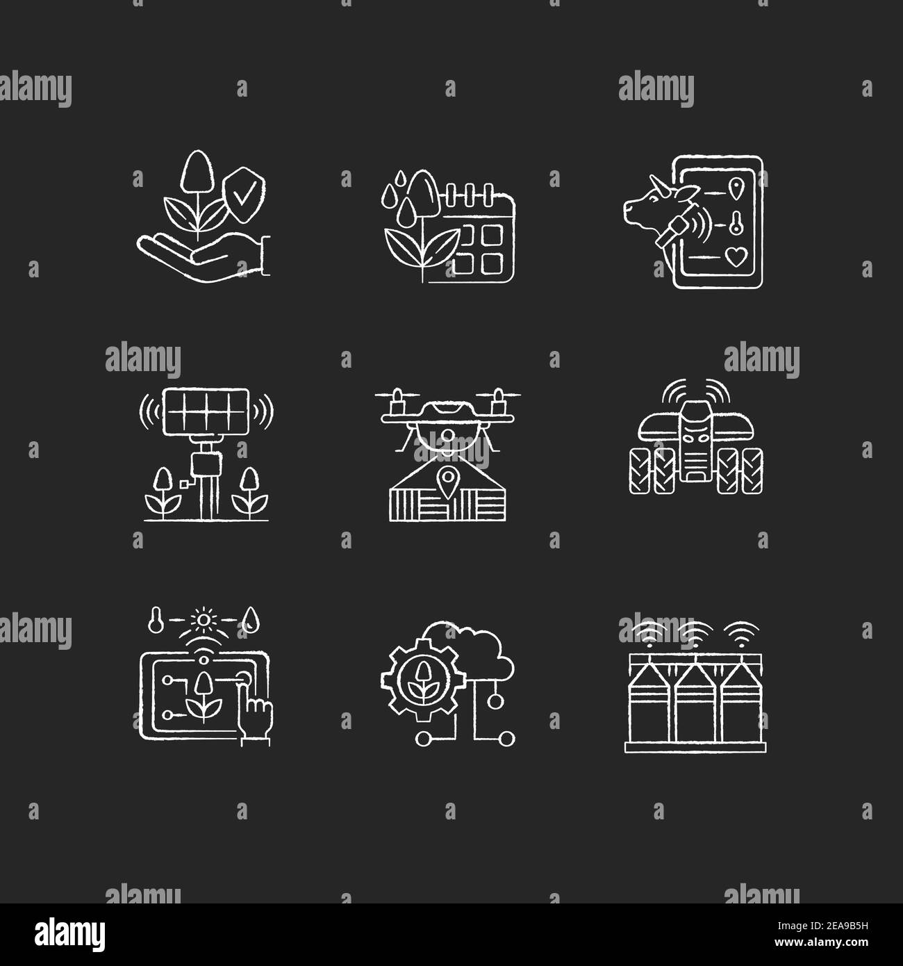 Innovation technology RGB chalk white icons set on black background ...