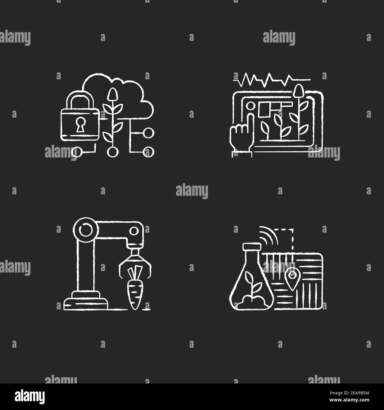 Automation of agronomy RGB chalk white icons set on black background ...