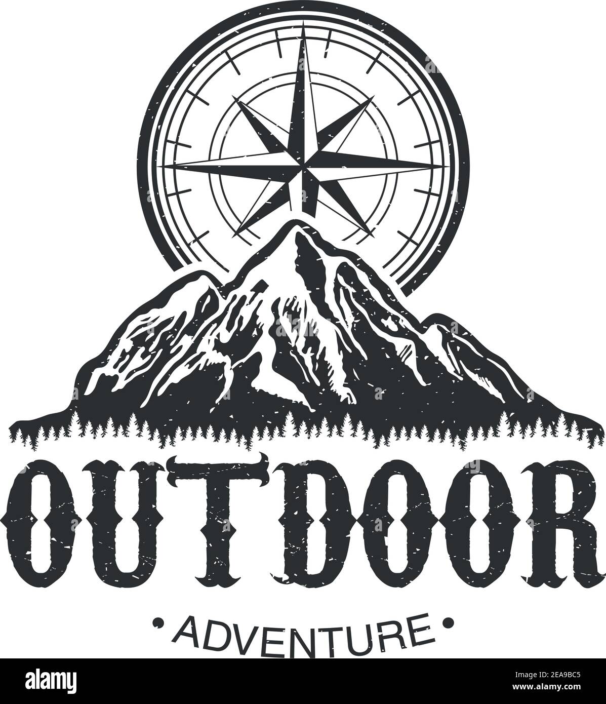 outdoor adventure lettering emblem with mountains and compass guide ...