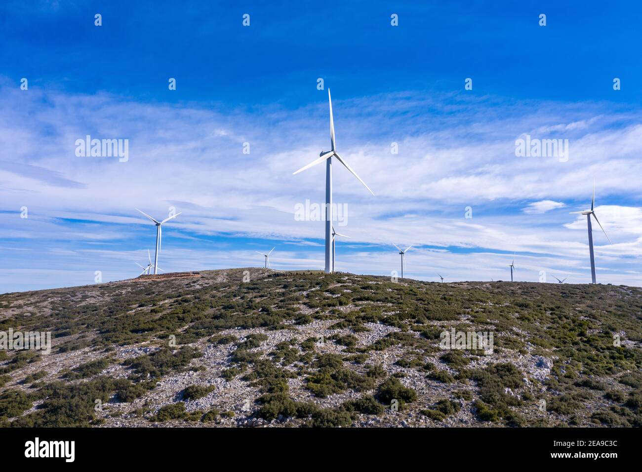 Wind turbines on the hill, Wind farm, aerial drone view. Green ...