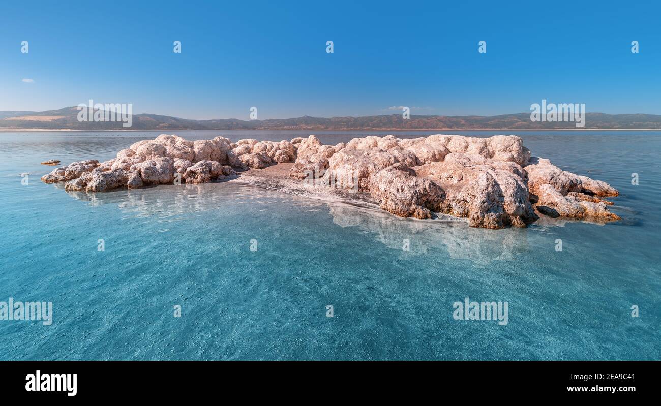 Minerals and rocky outcrops in the tectonic lake Salda in Turkey. A ...