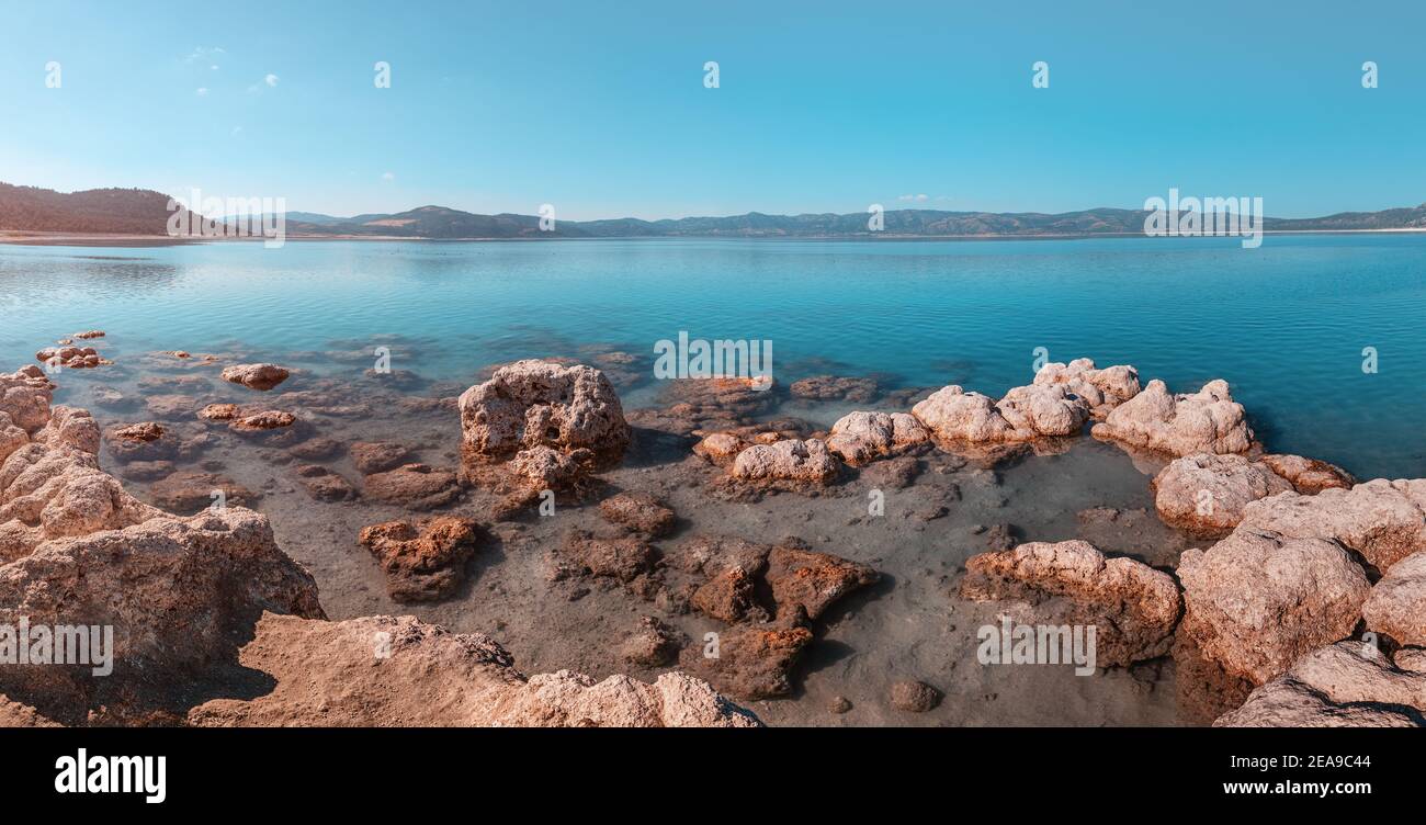 Minerals and rocky outcrops in the tectonic lake Salda in Turkey. A ...