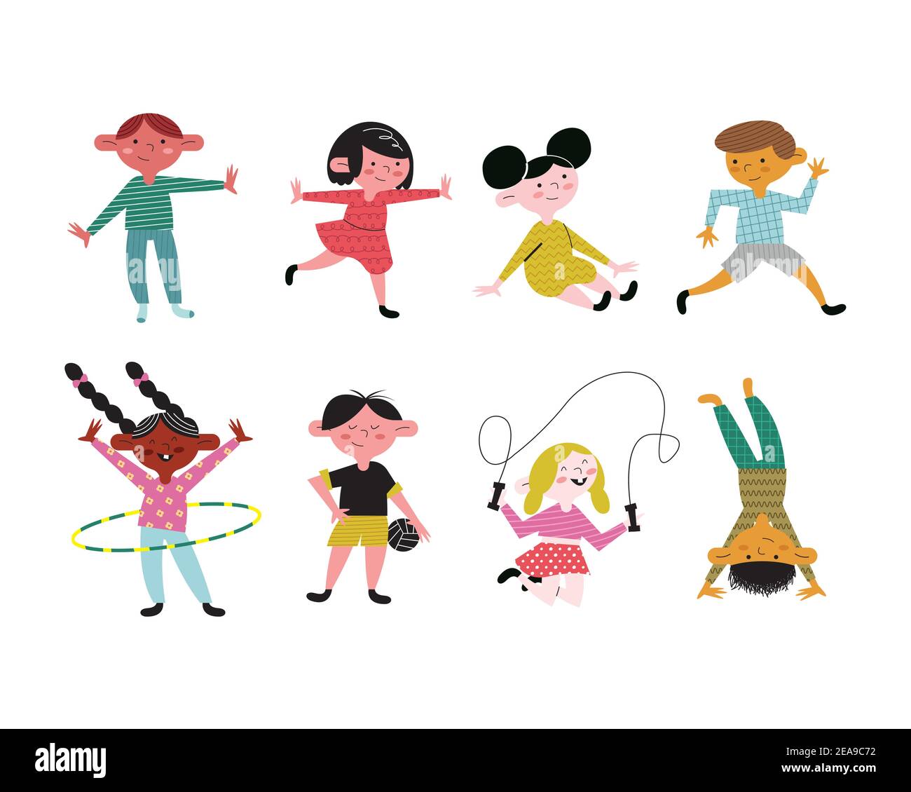 happy little eight kids practicing activities avatars characters vector ...