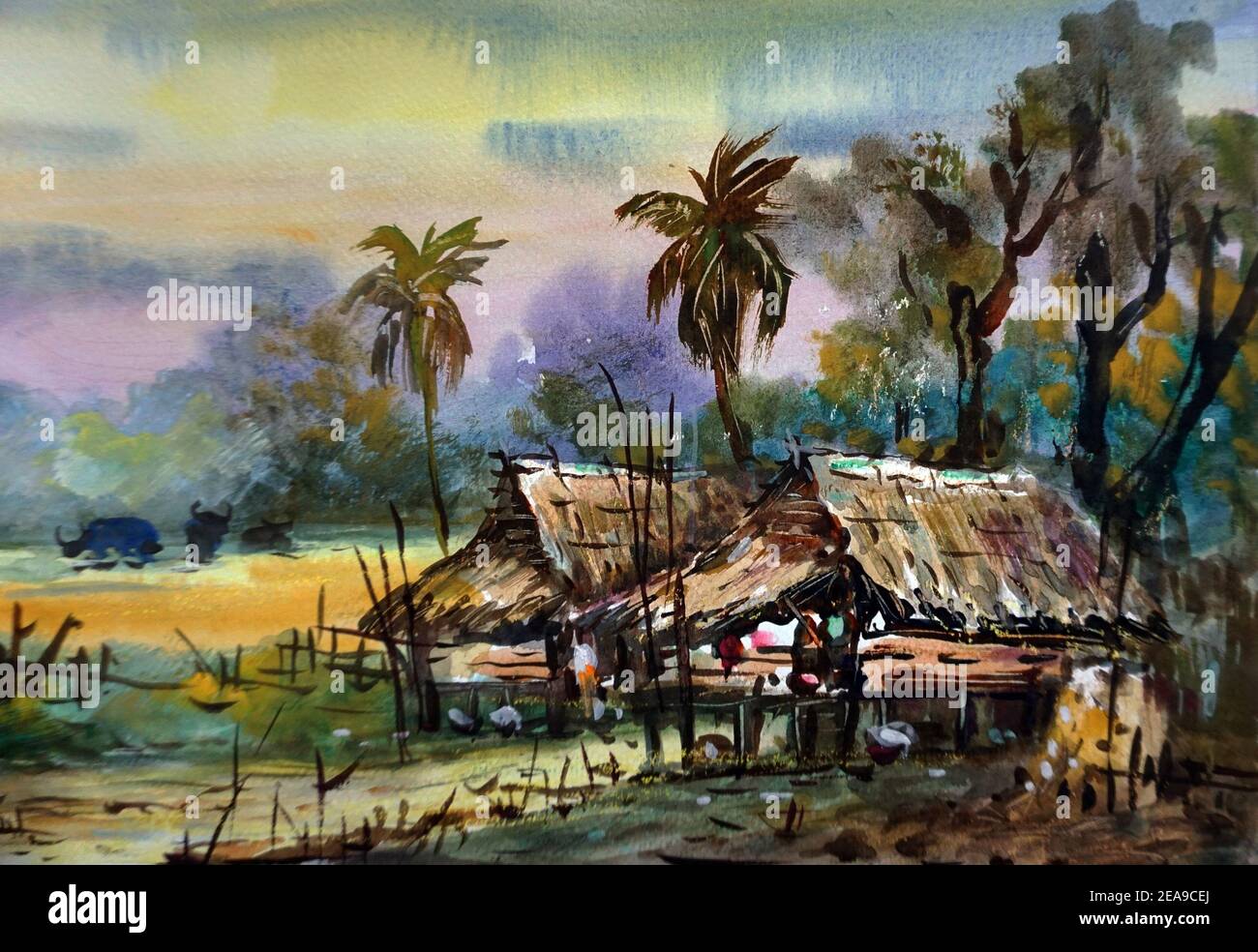 Art ,watercolor painting , color ,Hut ,northeast ,Thailand ,Countryside ...