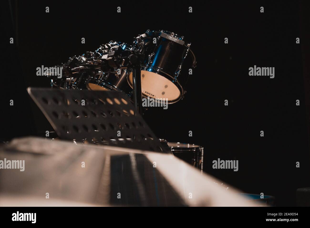 Selective focus shot of drum kit on a stage Stock Photo - Alamy