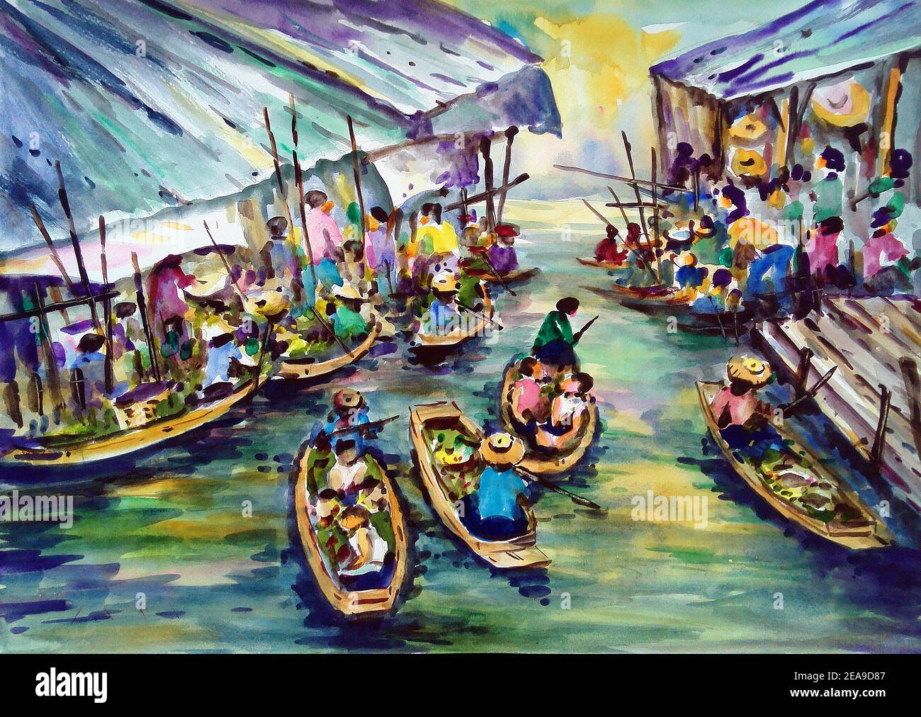 Art, painting , watercolor ,Floating market ,Thai land Stock Photo - Alamy