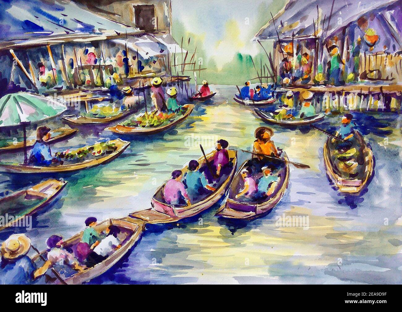 Art, painting , watercolor ,Floating market ,Thailand Stock Photo - Alamy