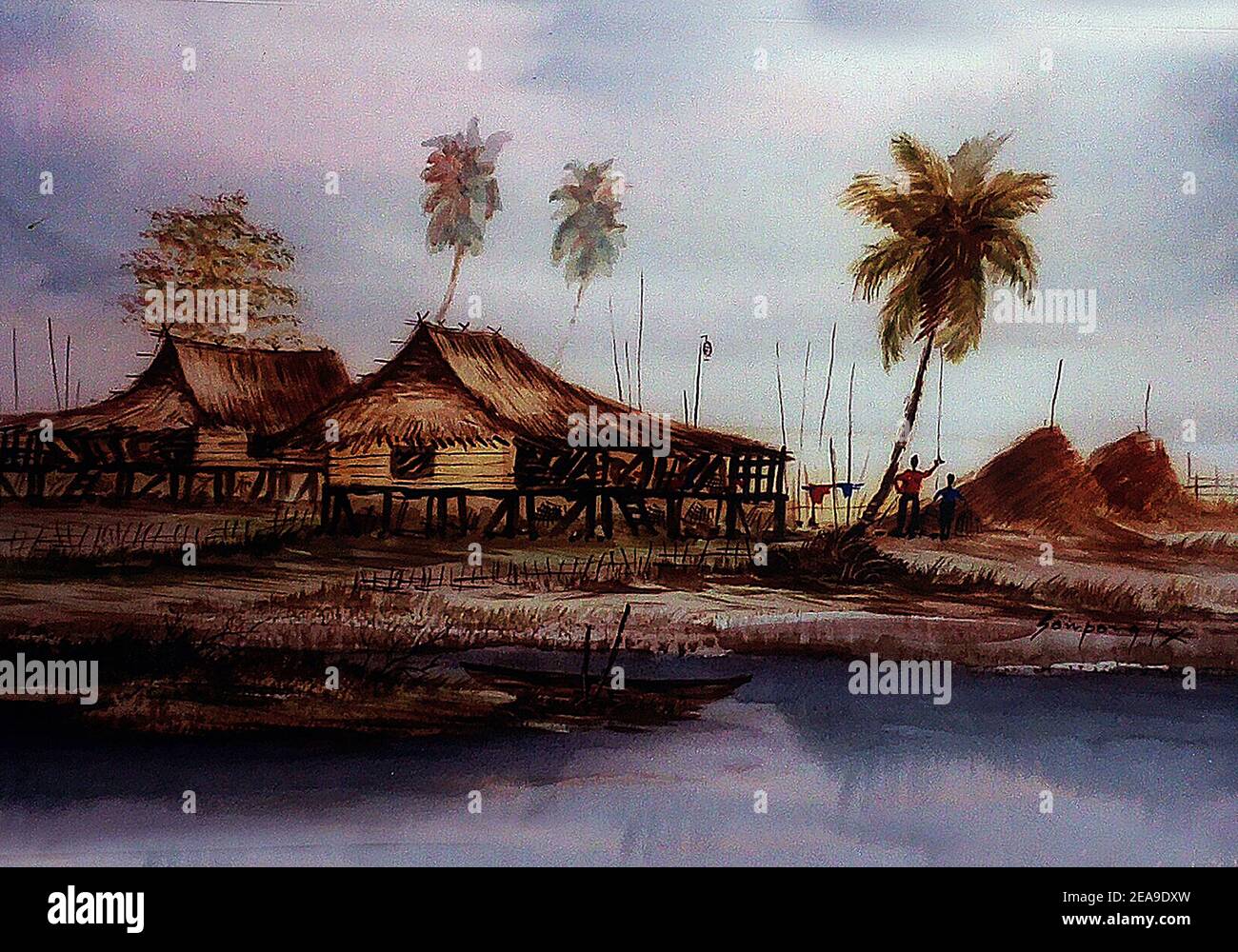 Art ,watercolor painting , color ,Hut ,northeast ,Thailand ,Countryside ...