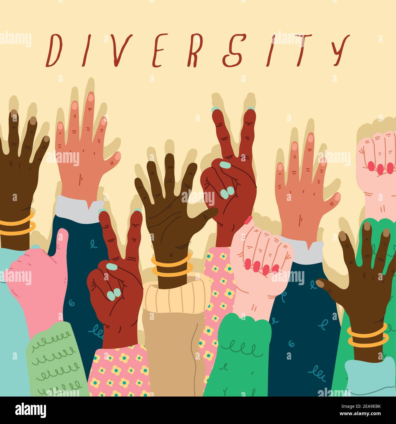 group of diversity hands humans up and lettering vector illustration ...