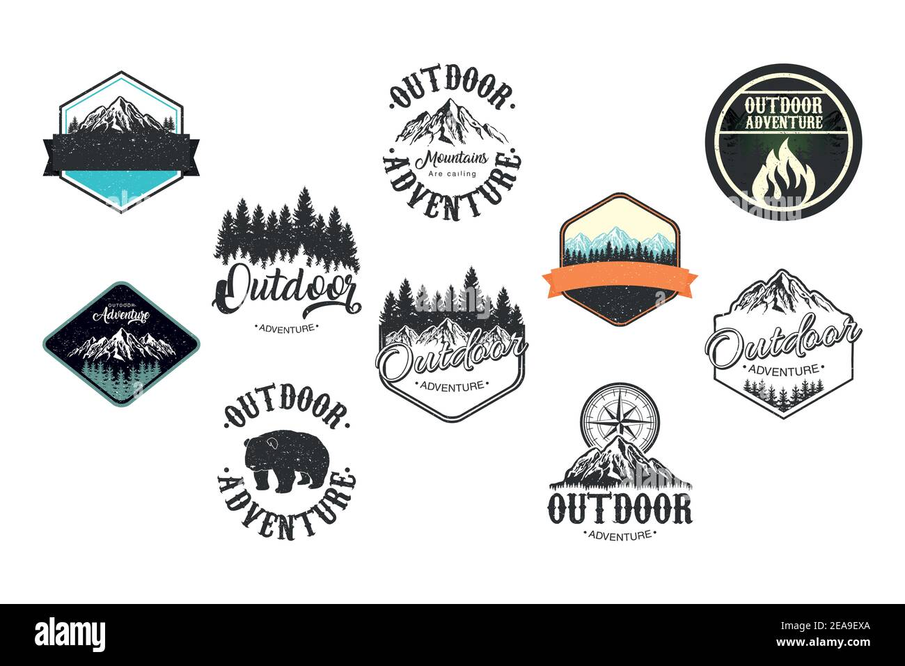 bundle of ten outdoor adventure letterings emblems vector illustration ...