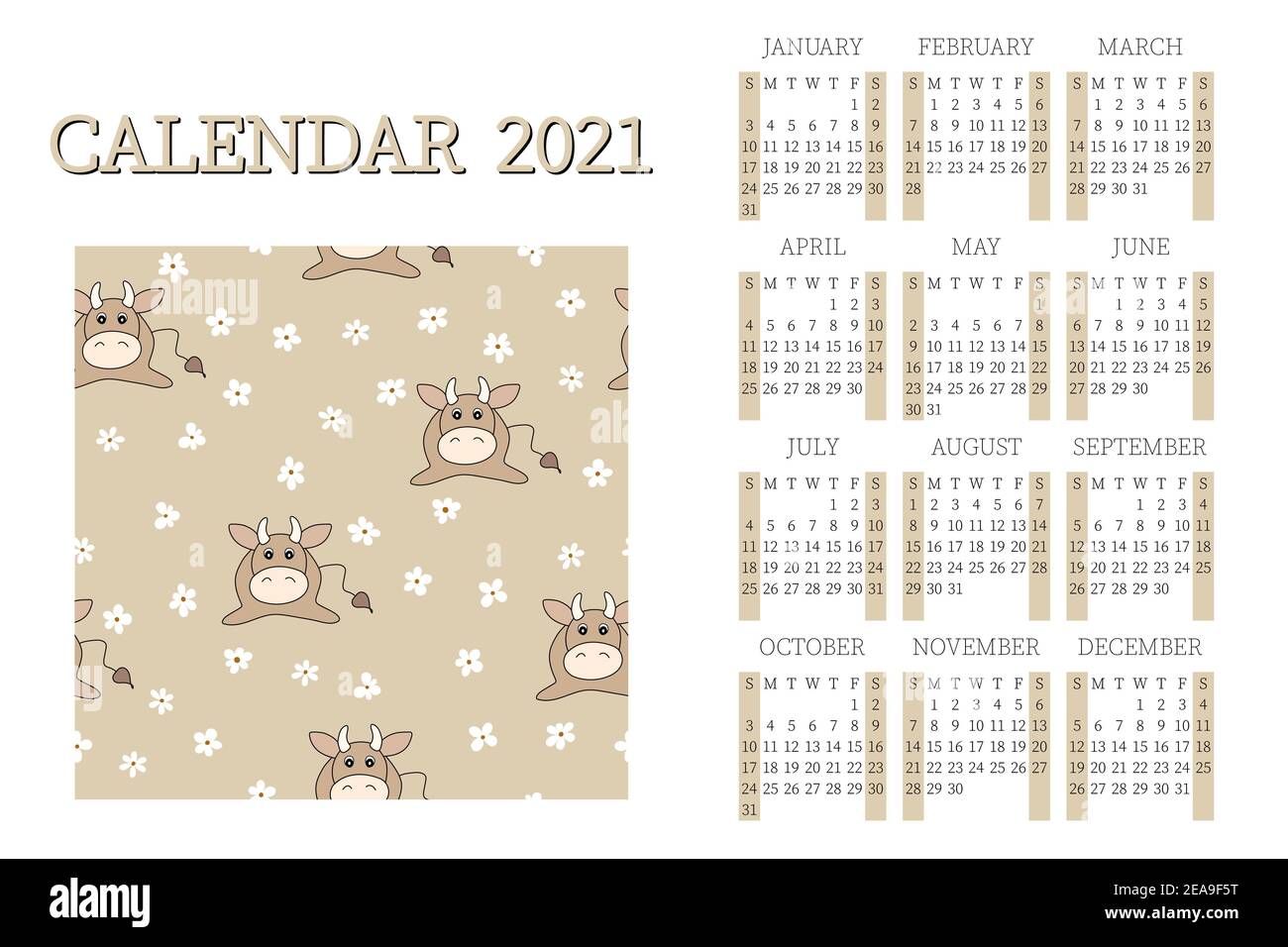 2021 calendar planner with bull, symbol year. Сorporate week. Template ...
