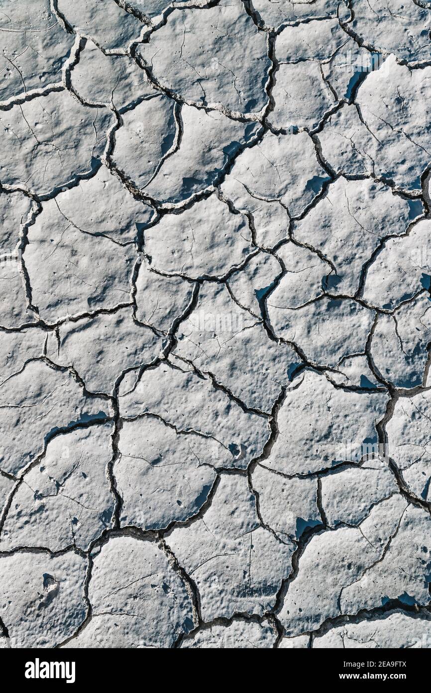 White soil cracked from the drought, top view. Background and texture ...