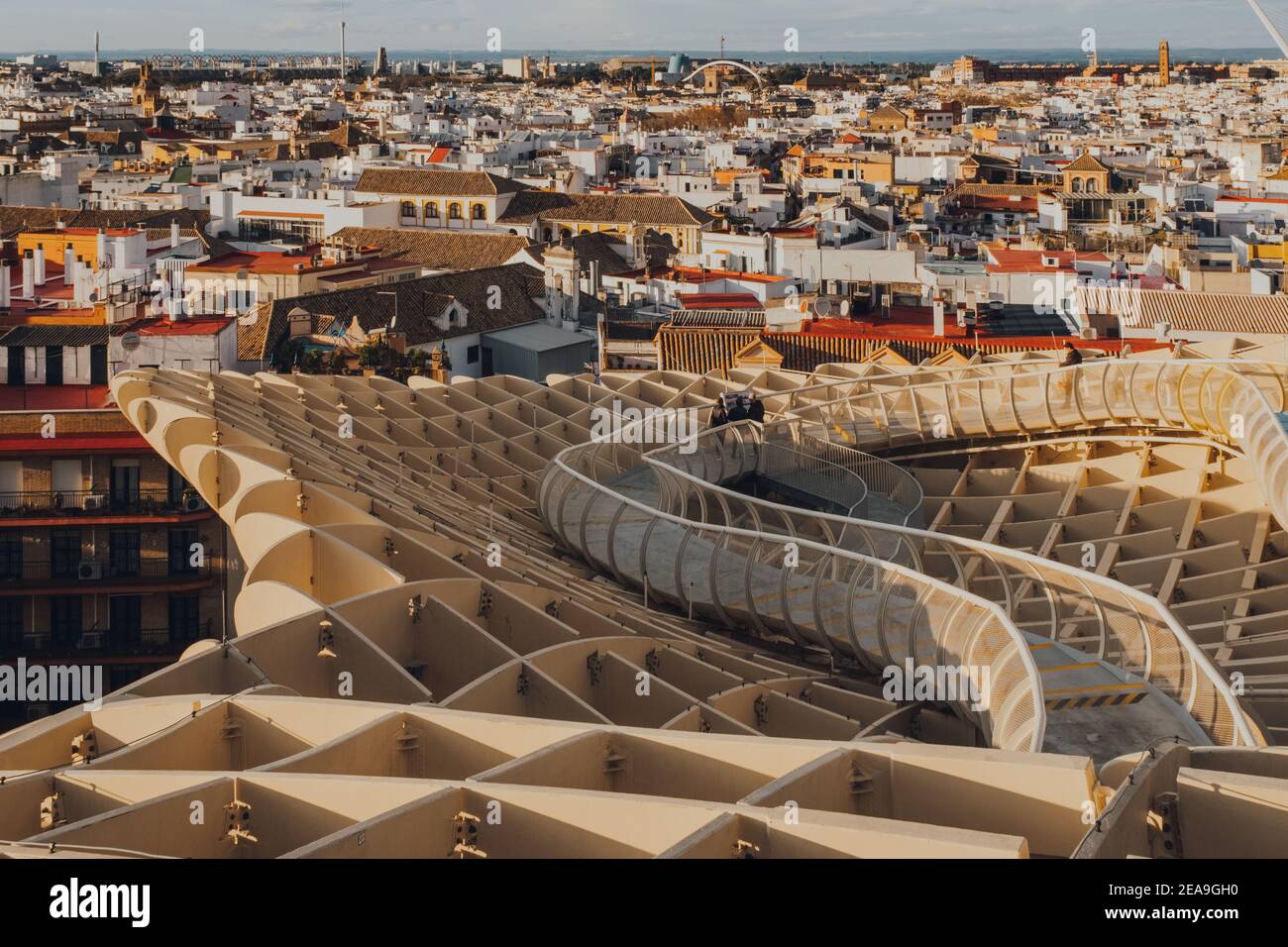 Seville, Spain - January 19, 2020: Seville rooftops and walkway on top ...