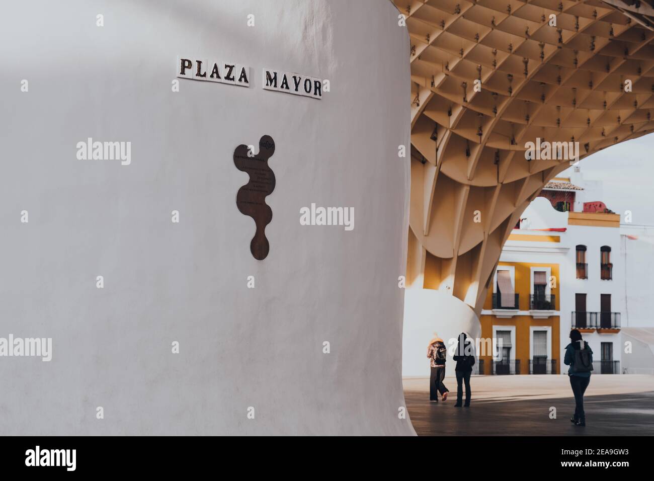 Seville, Spain - January 19, 2020: Plaza Mayor signs at the base of ...