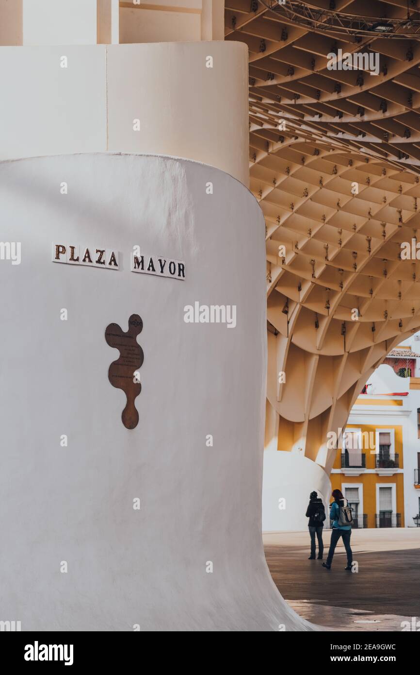 Seville, Spain - January 19, 2020: Plaza Mayor signs at the base of ...
