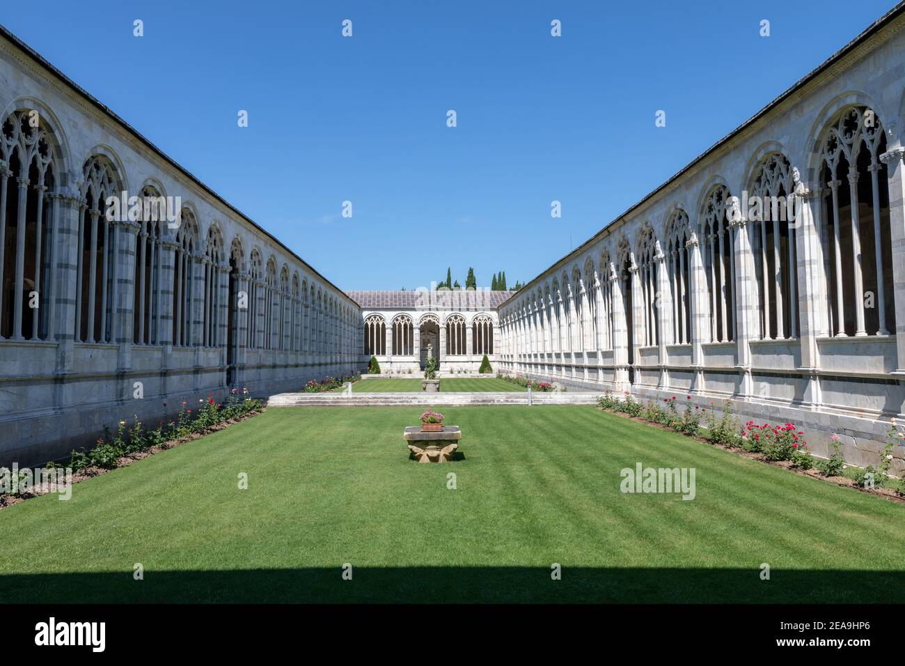 Pisa, Italy - June 29, 2018: Panoramic view of interior of Campo Santo ...