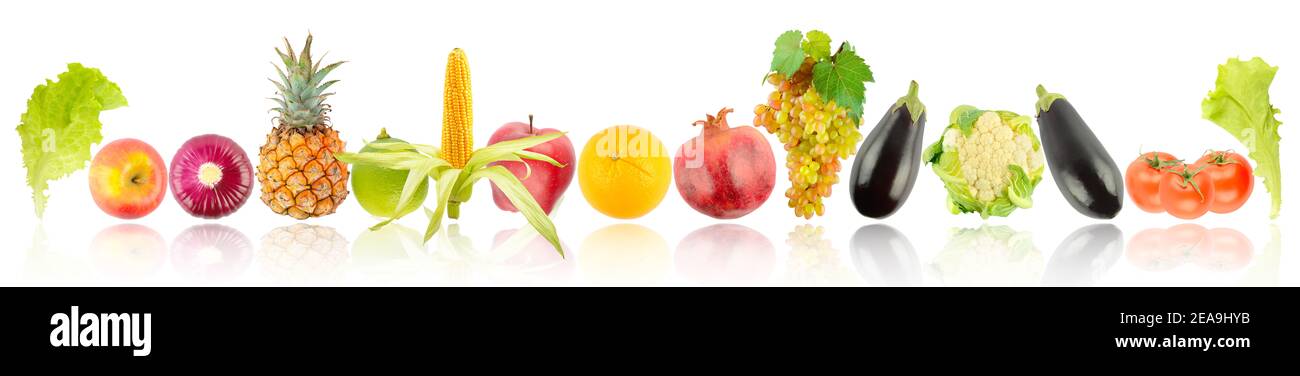 Fresh bright fruits and vegetables with light reflection isolated on ...