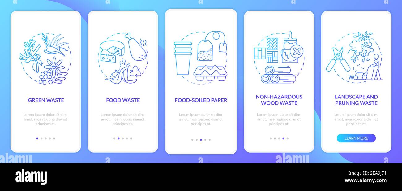 Biodegradable waste types onboarding mobile app page screen with ...