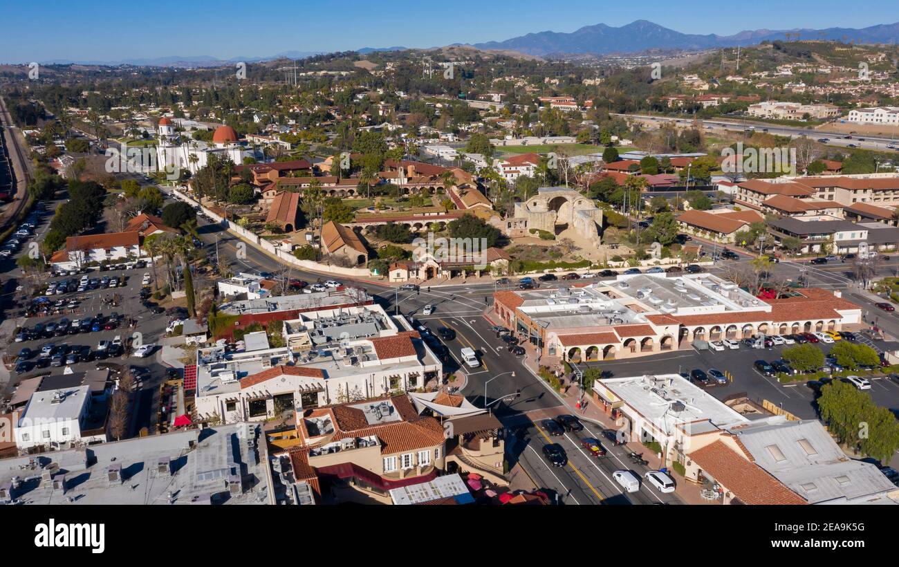 Daytime aerial view of the Spanish Colonial era mission and surrounding ...