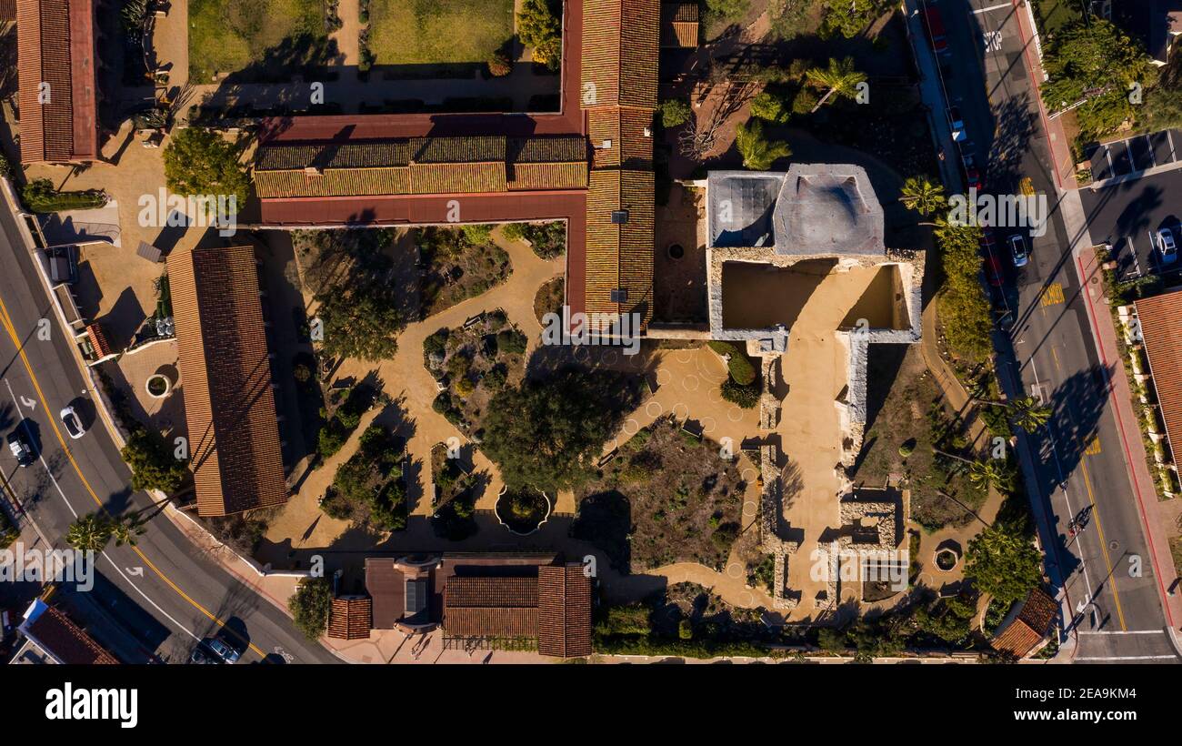 Daytime aerial view of the Spanish Colonial era mission and surrounding ...