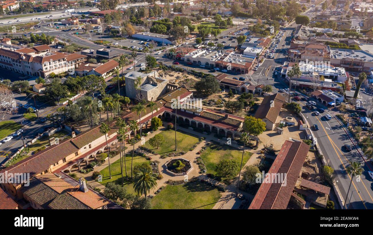 Daytime aerial view of the Spanish Colonial era mission and surrounding ...