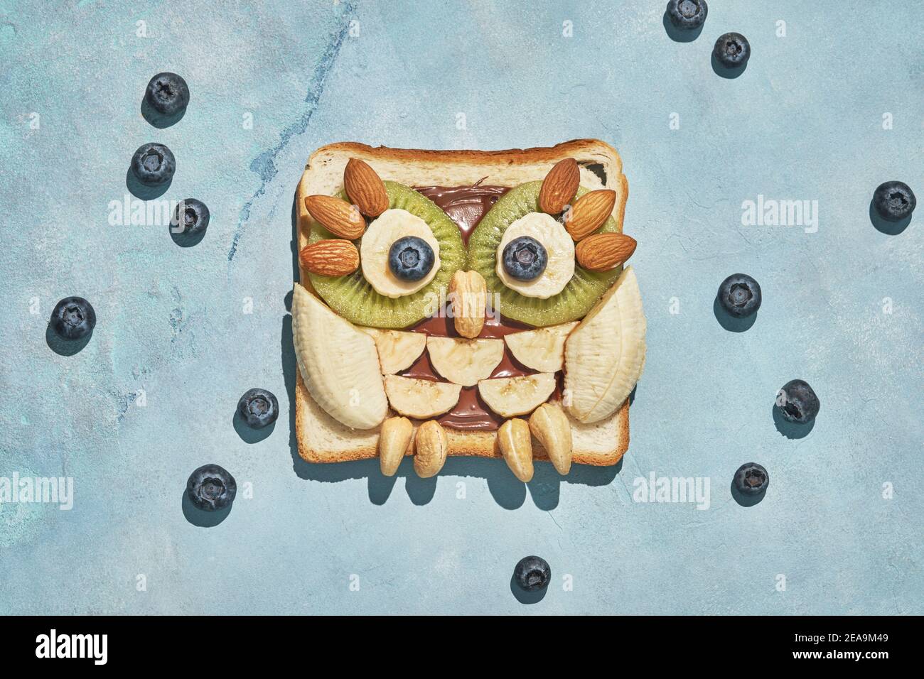 Owl toast with chocolate nut butter and fruits for a kids Stock Photo ...