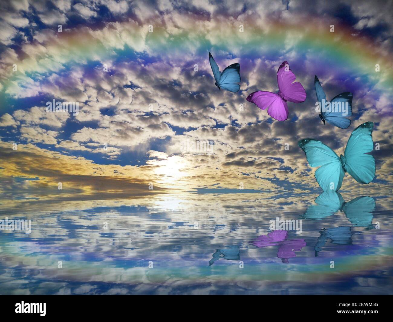 Spiritual background for meditation with butterflies, stormy clouds and ...