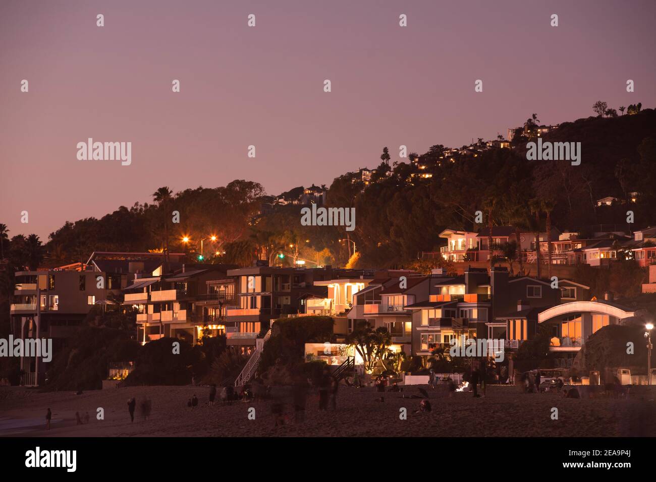 Sunset skyline view of the downtown Laguna Beach, California, USA Stock ...