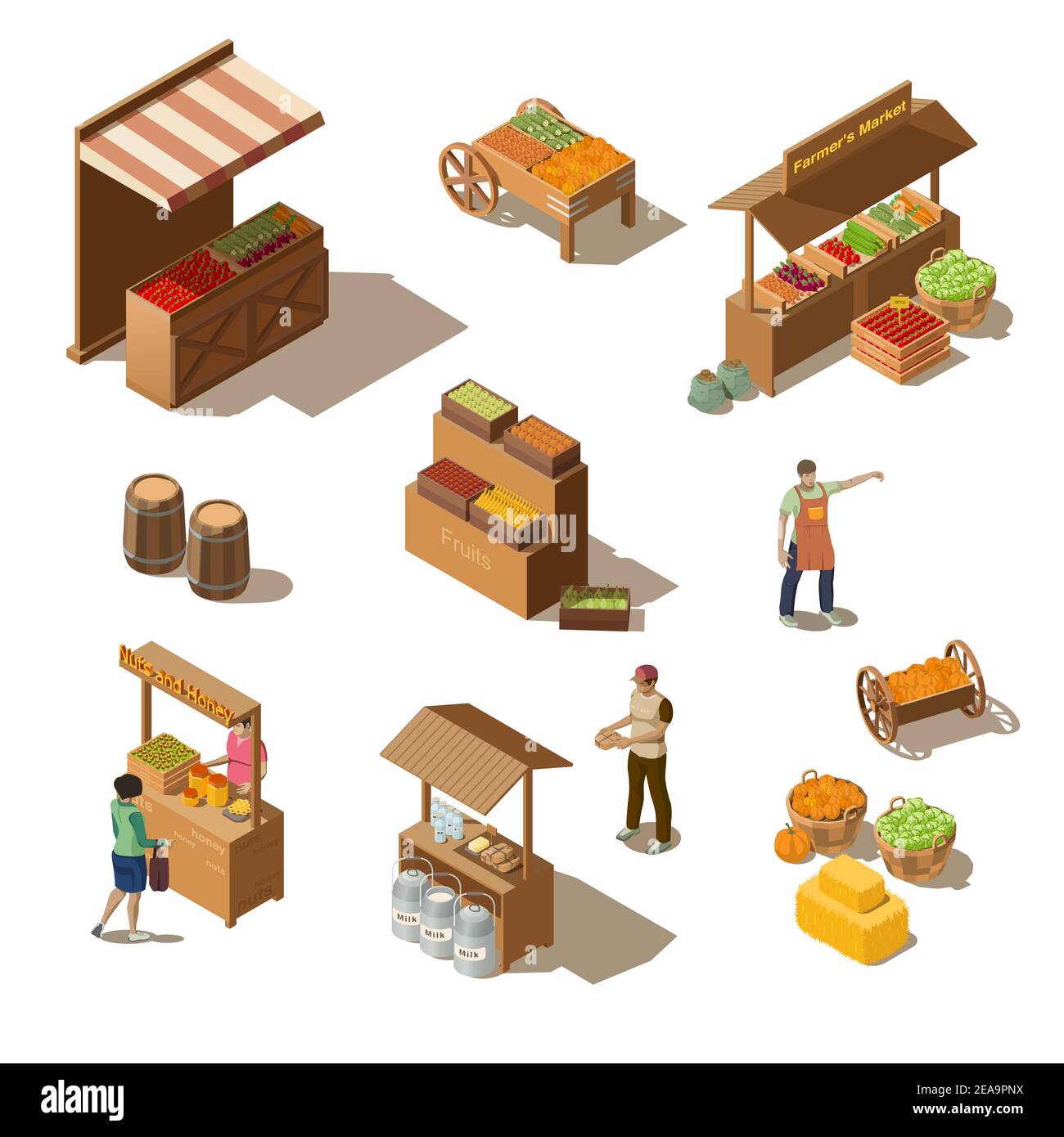 Isometric farmers market with grocery products. Vendors selling fresh ...