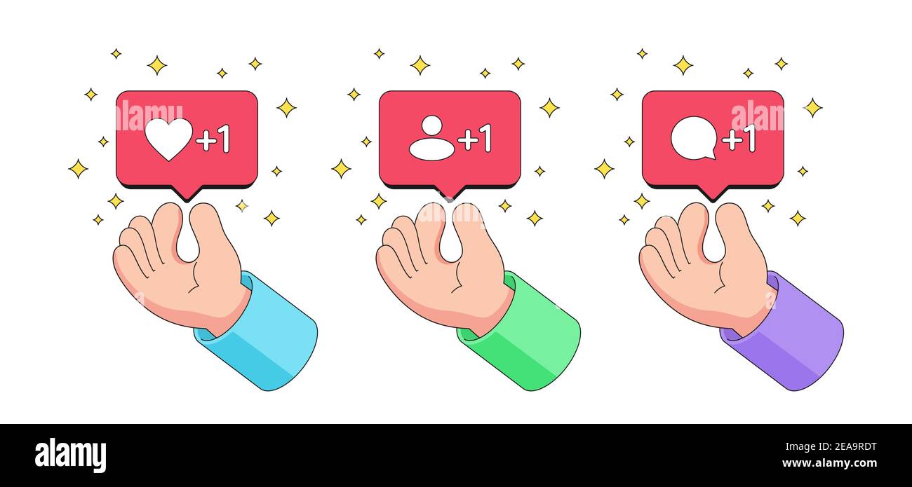 Human cartoon hand delivers bubble notification with Like, Follower and ...