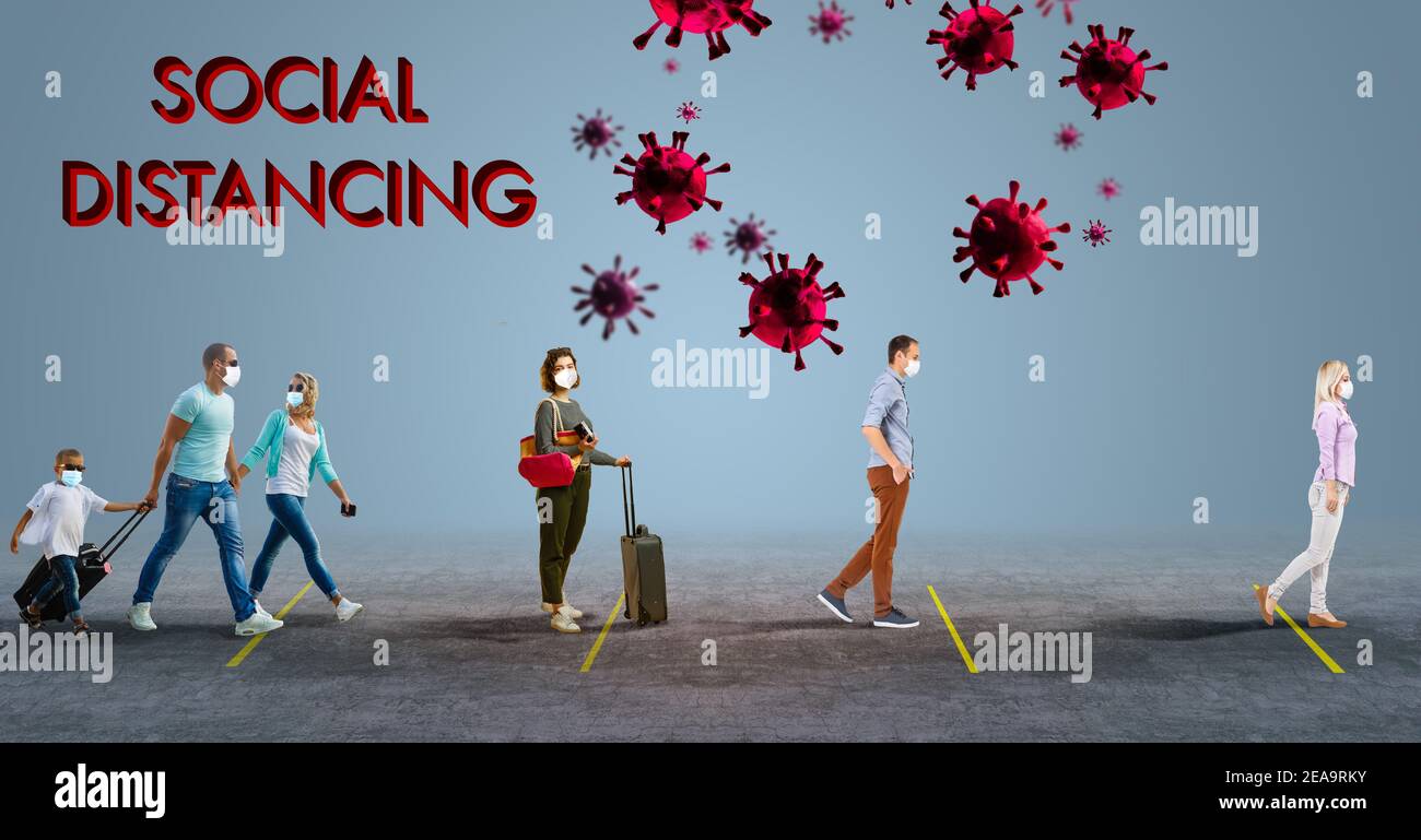 People walking next to SOCIAL DISTANCING phrase. Coronavirus COVID-19 ...