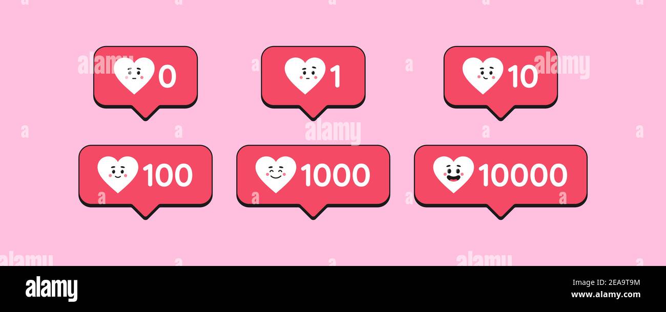 Bubble notification of like counter with cartoon heart and face ...