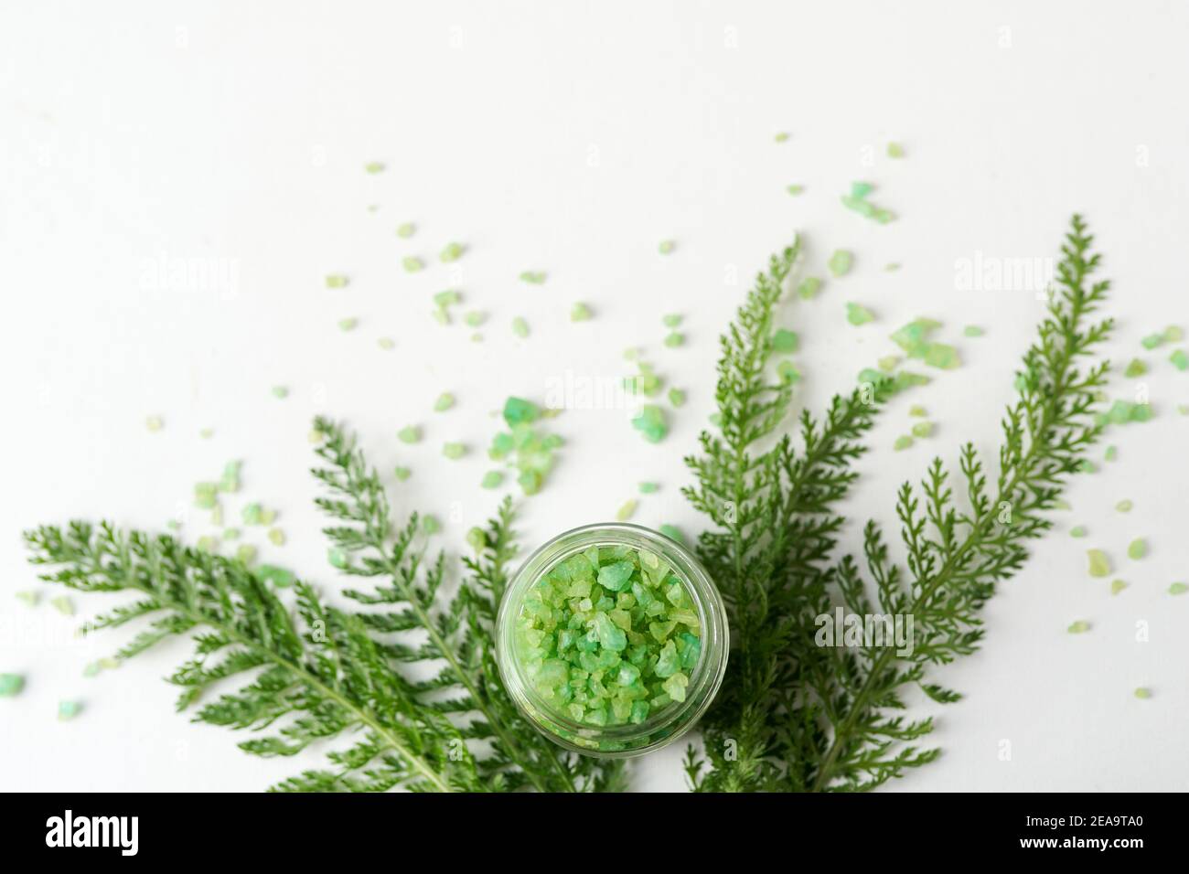 sea solt with greenery on white background with copy space. mockup ...