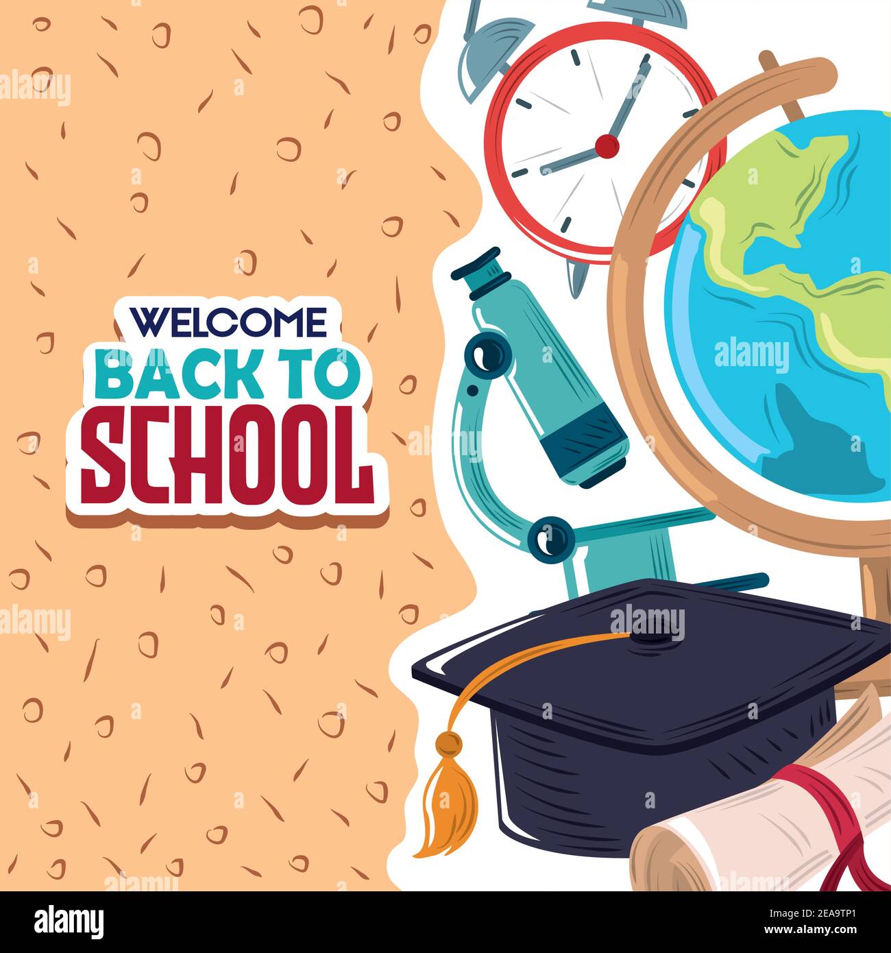 back to school education graduation hat clock microscope and globe ...